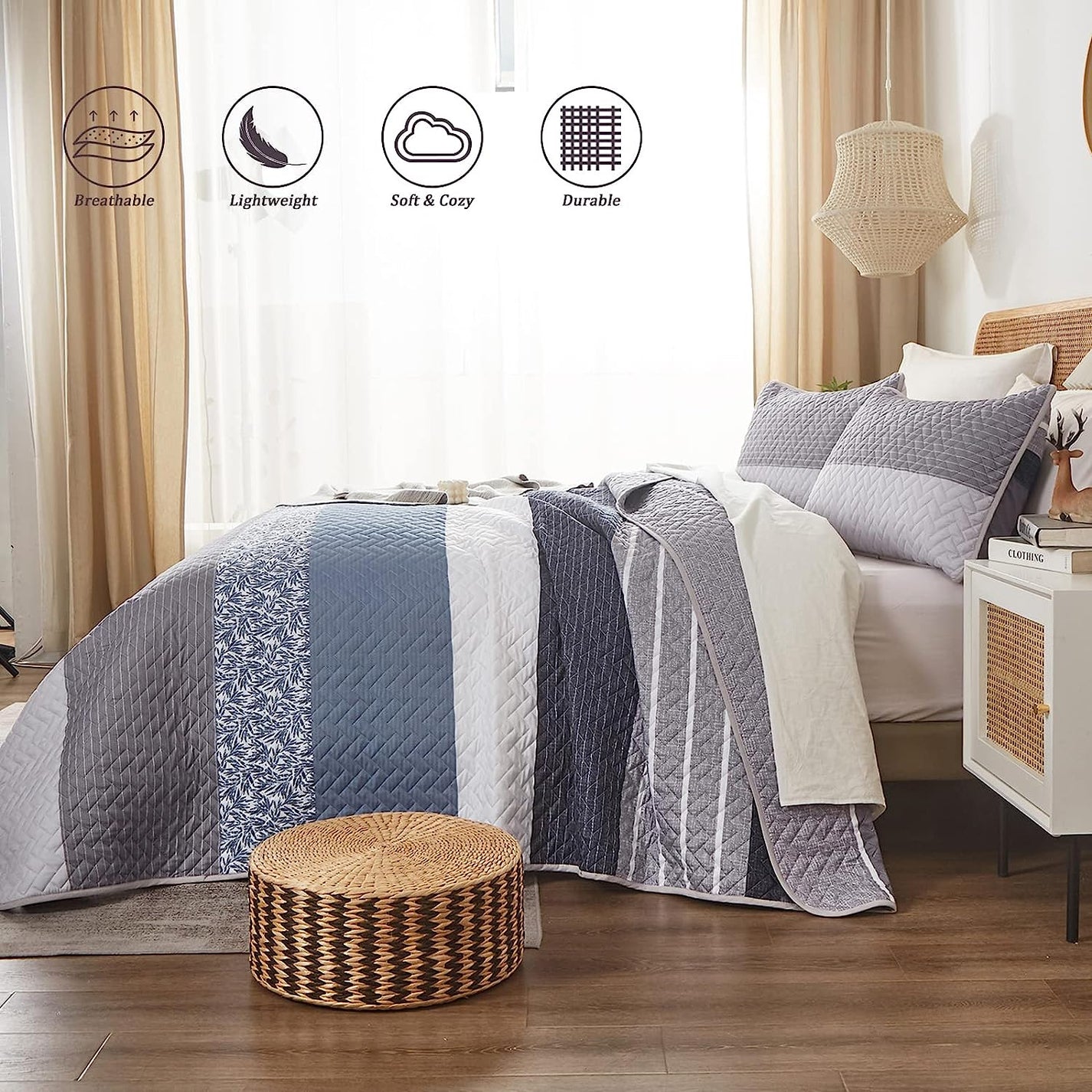 Boho Blue / Grey Reversible 3 Piece Bedding Quilt Set – DIN's Warehouse ...