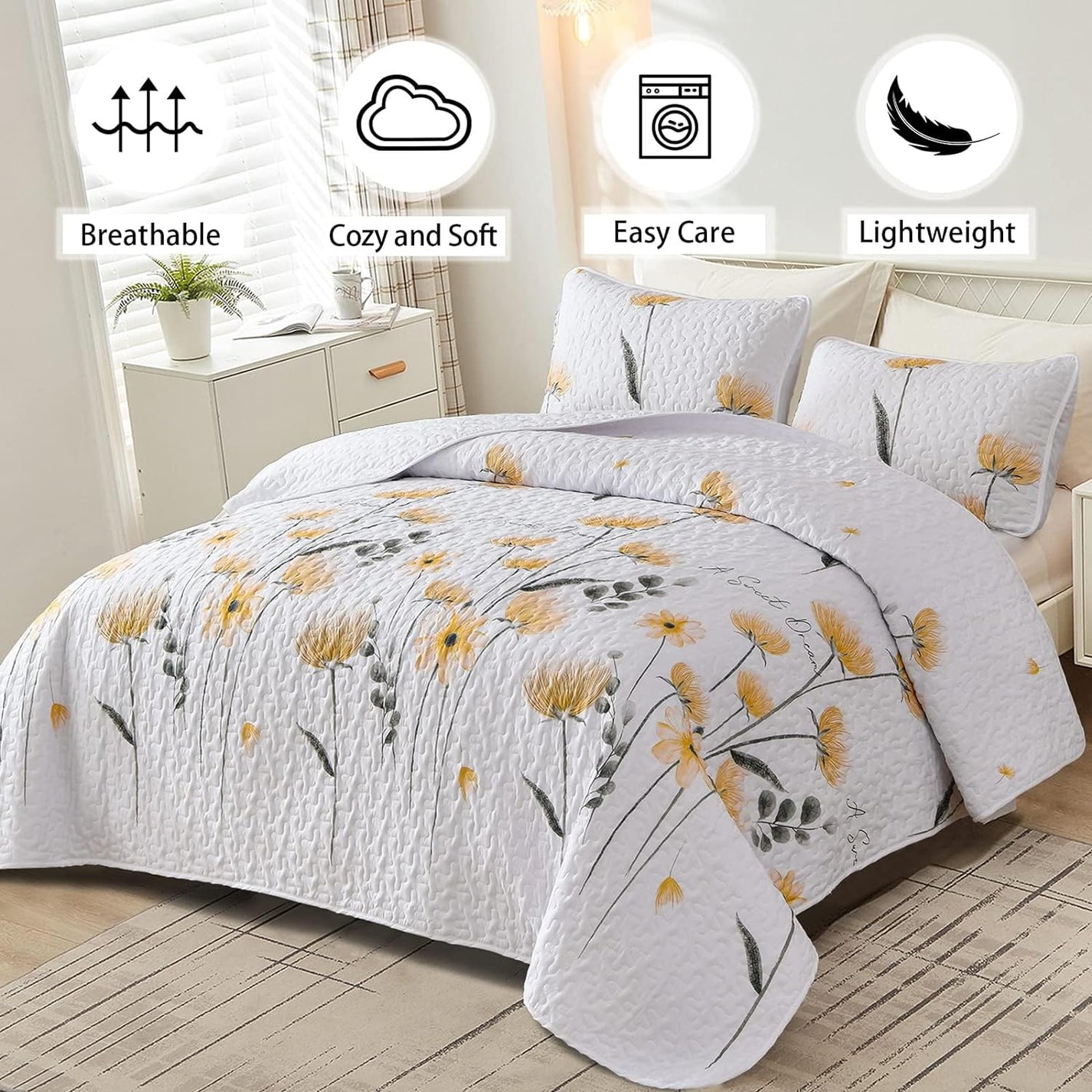 Yellow Floral 3 Piece Bedding Quilt Set – DIN's Warehouse Deals